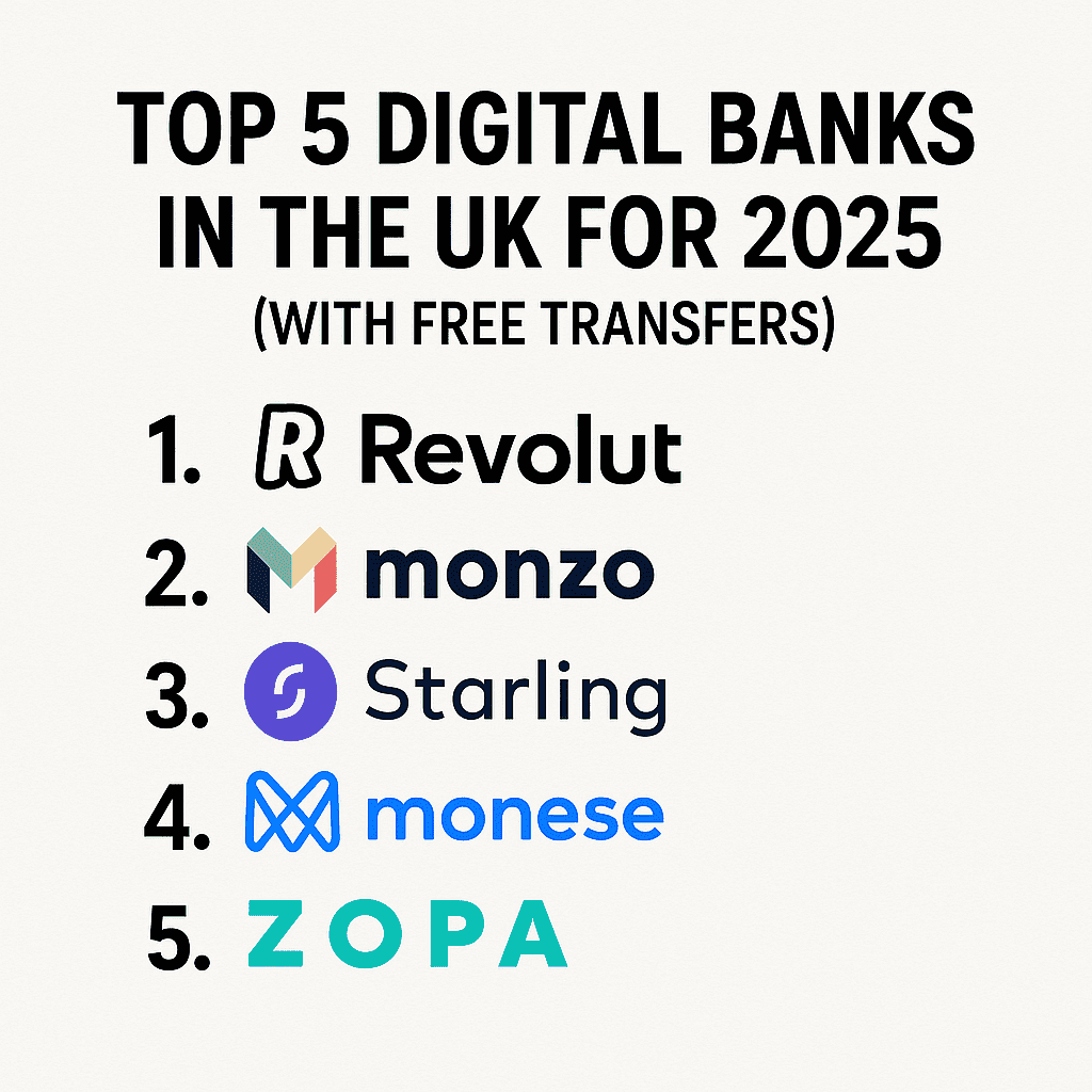 Top 5 Digital Banks in the UK for 2025 (With Free Transfers)
